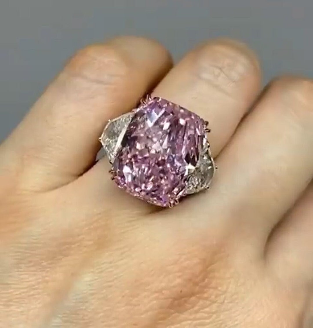 12CT Huge Radiant Cut Pink Moissanite Ring, Side Trapezoid Moissanite ...