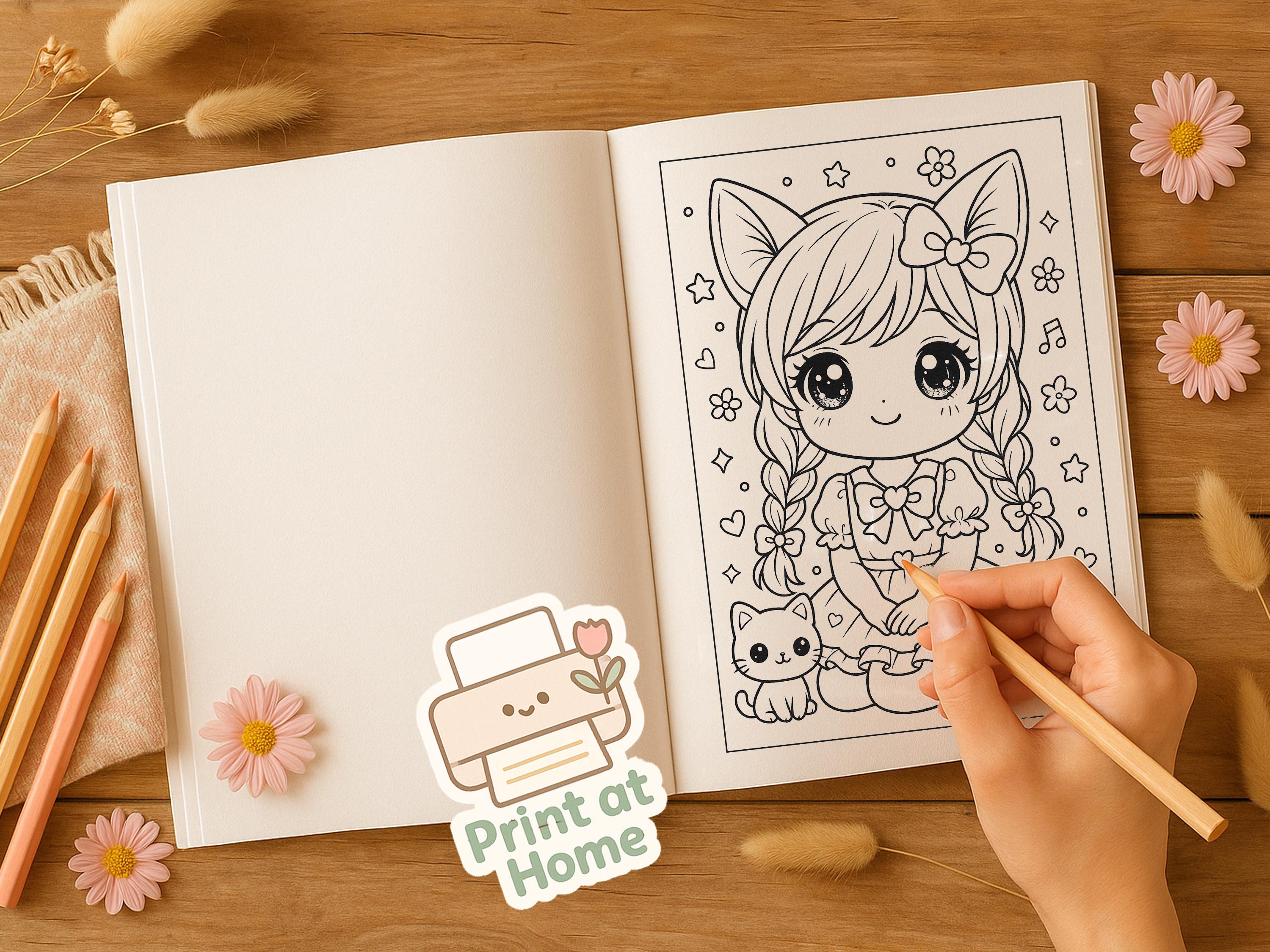 Kawaii Animal Girls Coloring Book – 6 Cute Pages + Cover | A4 + US ...
