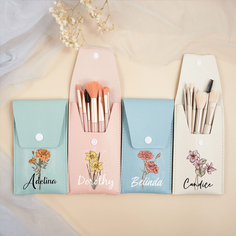 Personalized Birth Flower Makeup Brushes Set,travel Makeup Brush Pouch ...