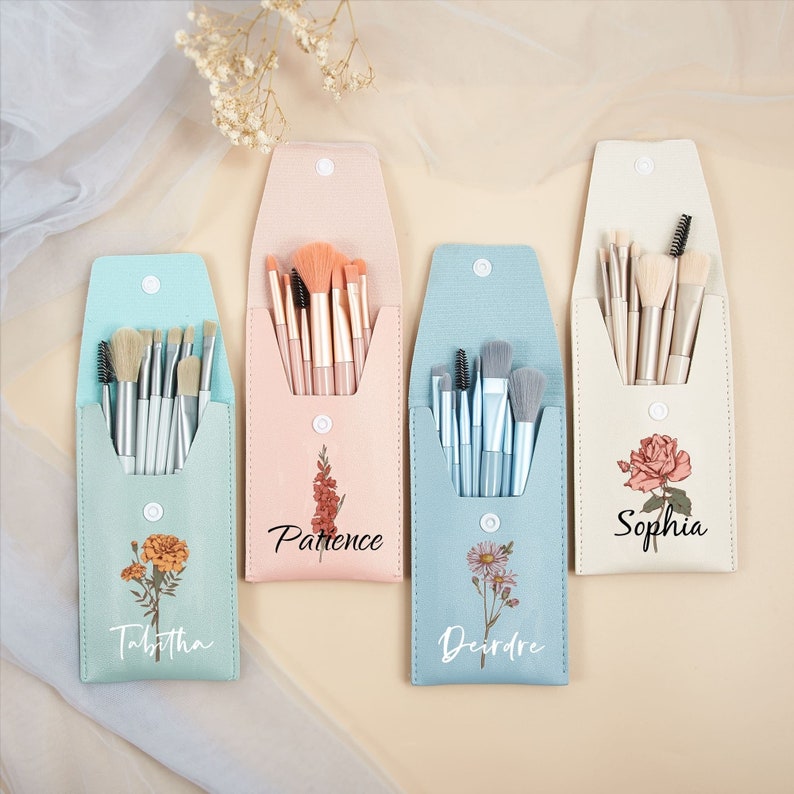 Personalized Birth Flower Makeup Brushes Set,travel Makeup Brush Pouch ...