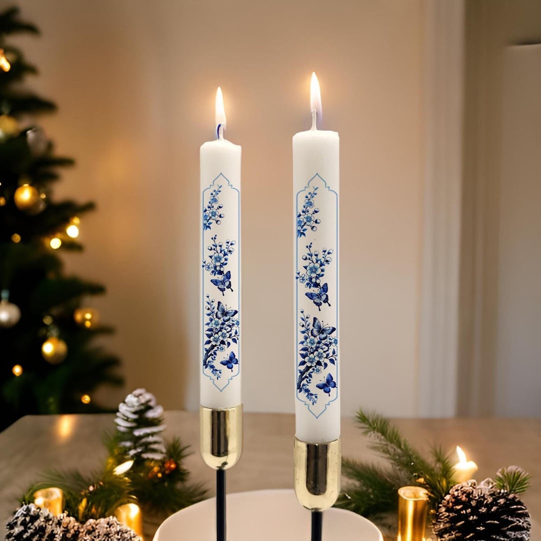 Blue Butterfly & Floral Taper Candle Set , Set of Two Blue White ...