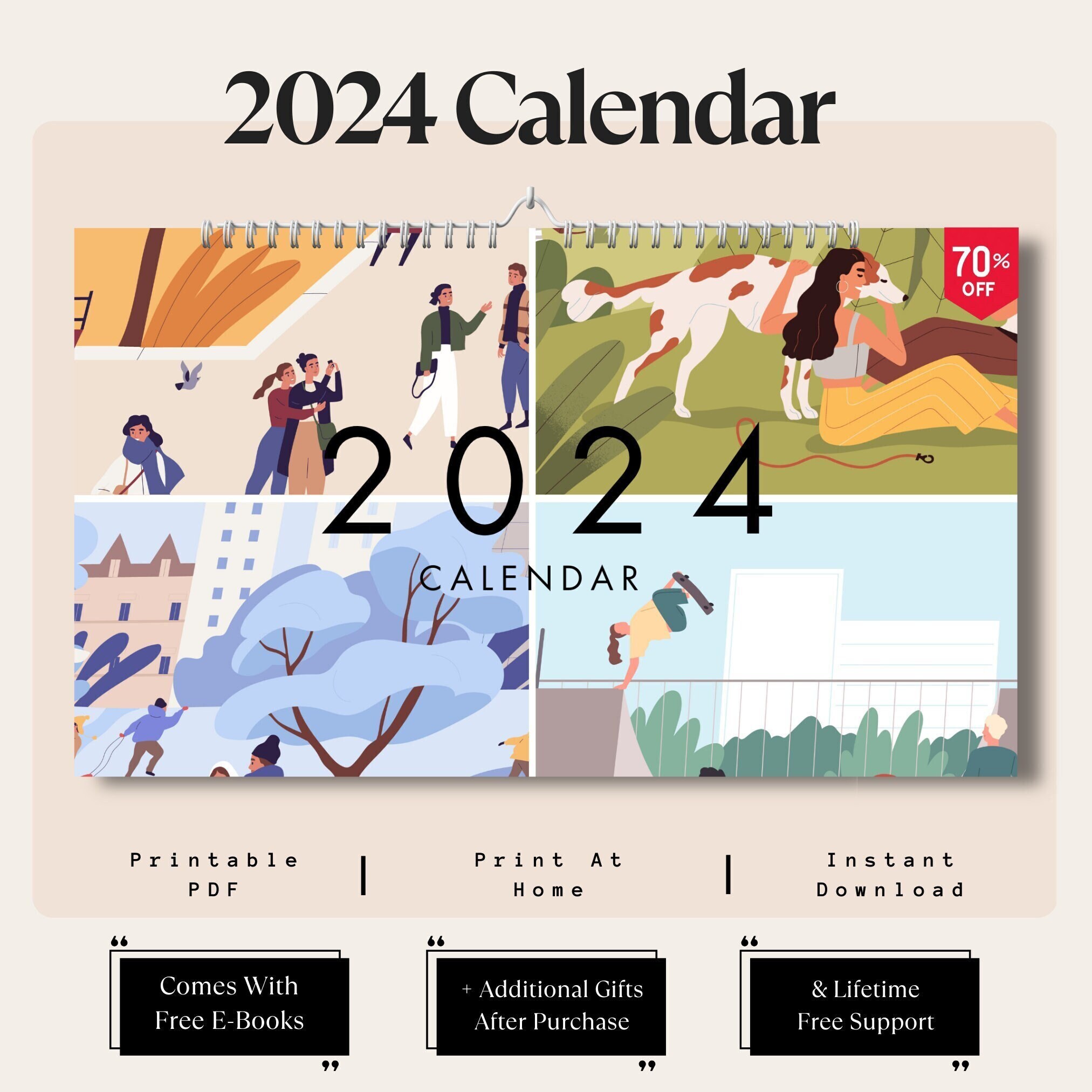 Seasons Calendar With Minimal Design, Printable Calendar, 2024 Calendar ...