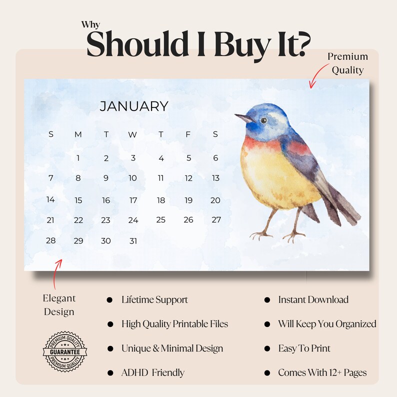 Birds Calendar With Minimal Design, Printable Calendar, 2024 Calendar ...
