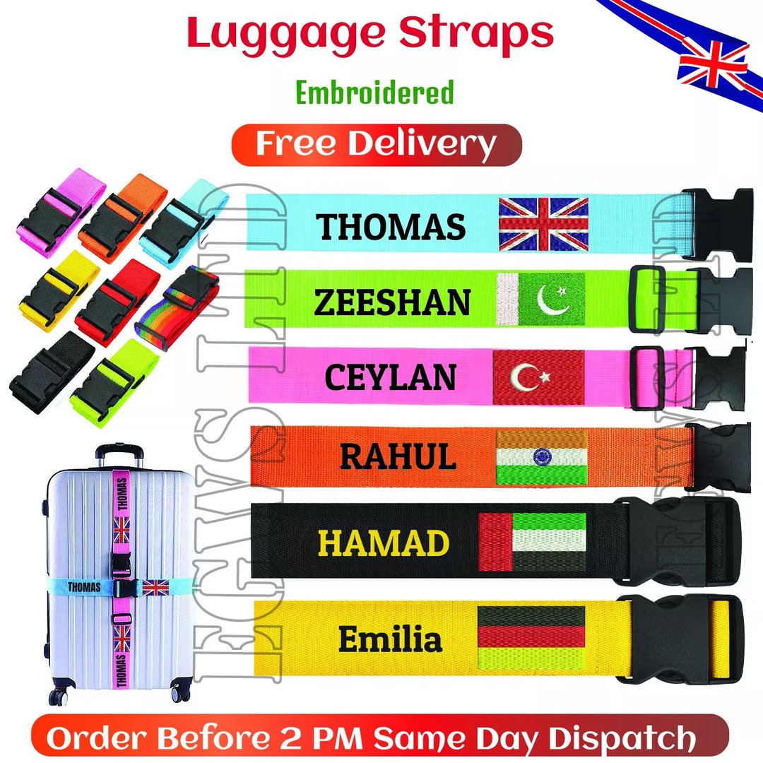 Embroidered Country Flag Personalised Luggage Strap With Name, High ...