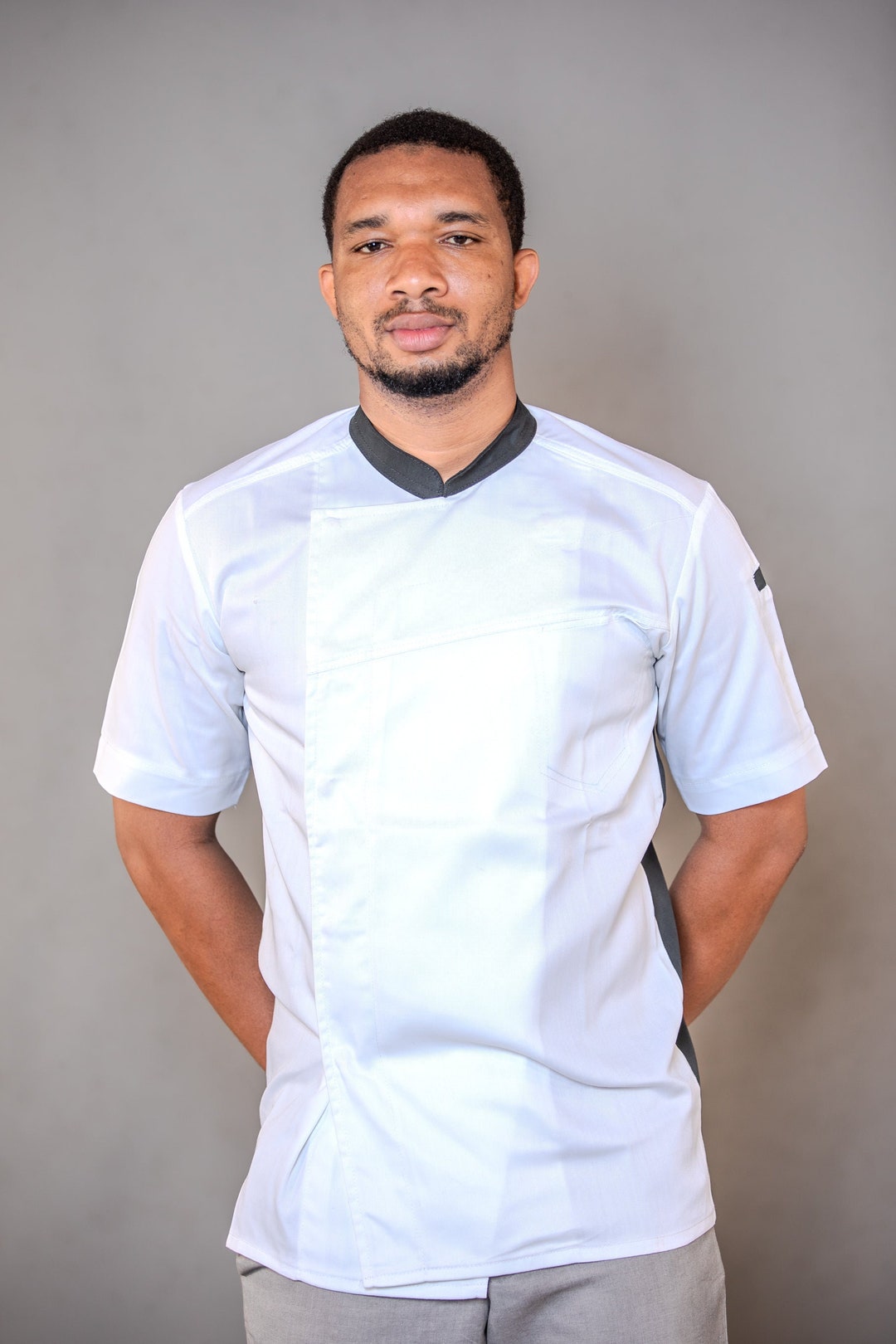 White Chef Coat for Men, Custom Embroidered Chef Coat, Asymmetrical Snap Short Sleeve Chef ...