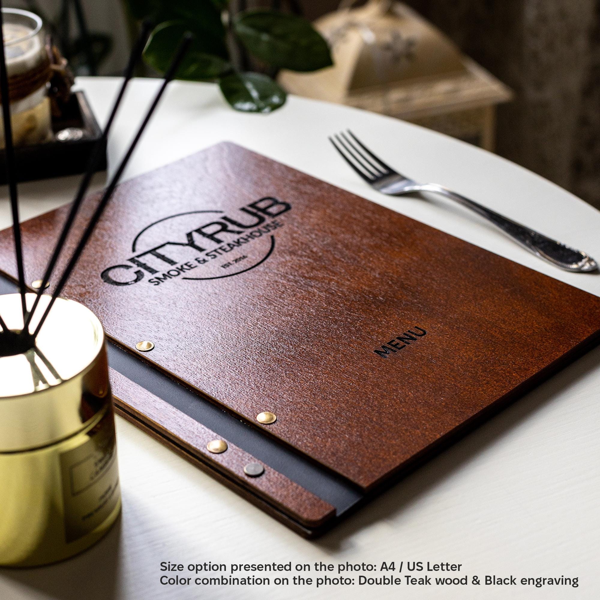 Wooden Menu Folder With Leather Hinge With Free Engraved Logo - Etsy