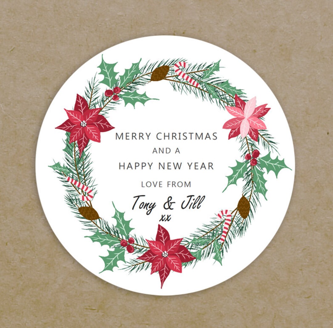 Personalised Christmas Labels - Xmas Wreath Gift Stickers - Sticky ...