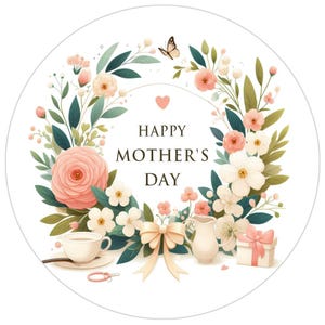 Happy Mother's Day Circle Labels Printed Personalised Round Leaves ...