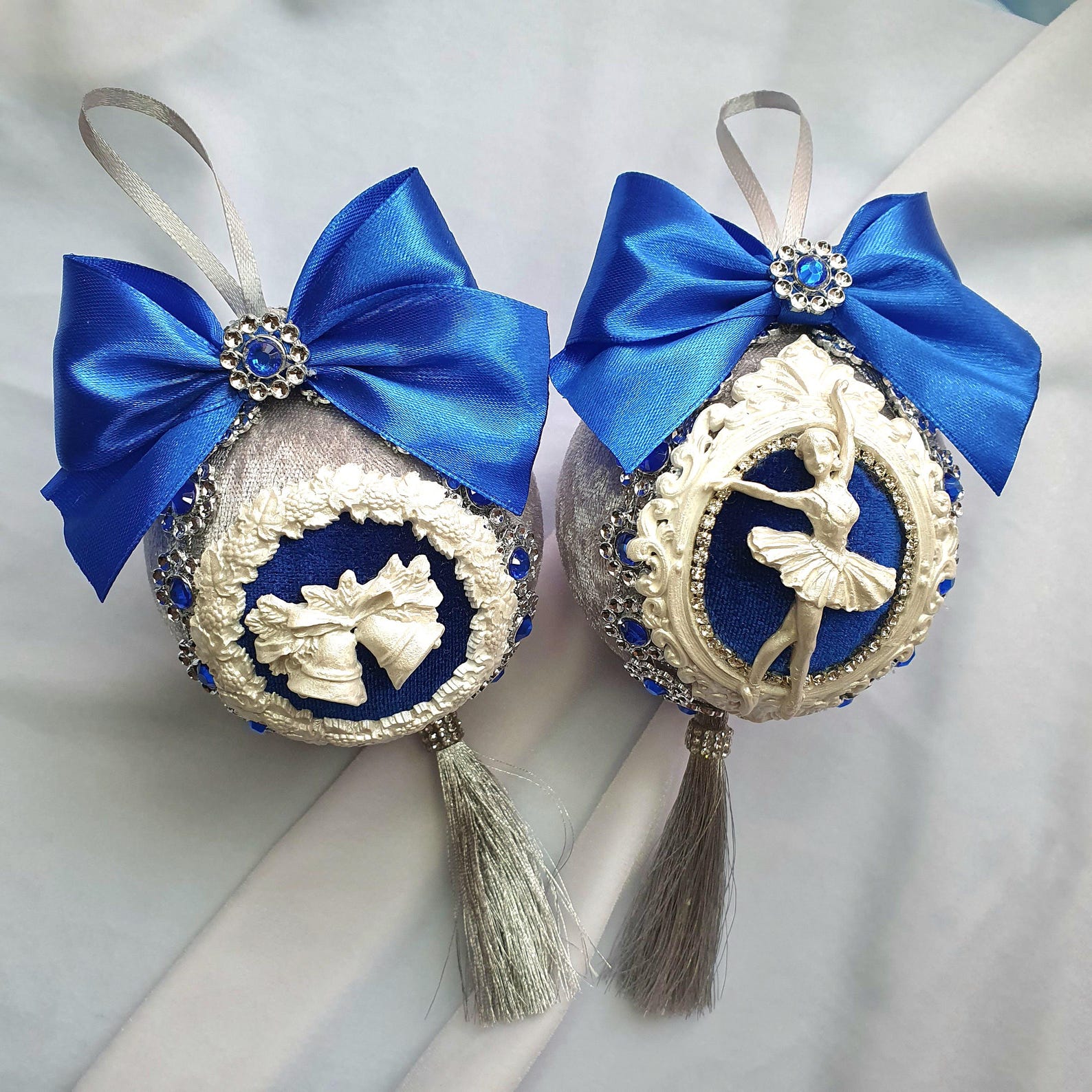 Christmas Tree Set 6 Pcs Handcrafted Xmas Gift Blue Velvet Ornaments ...