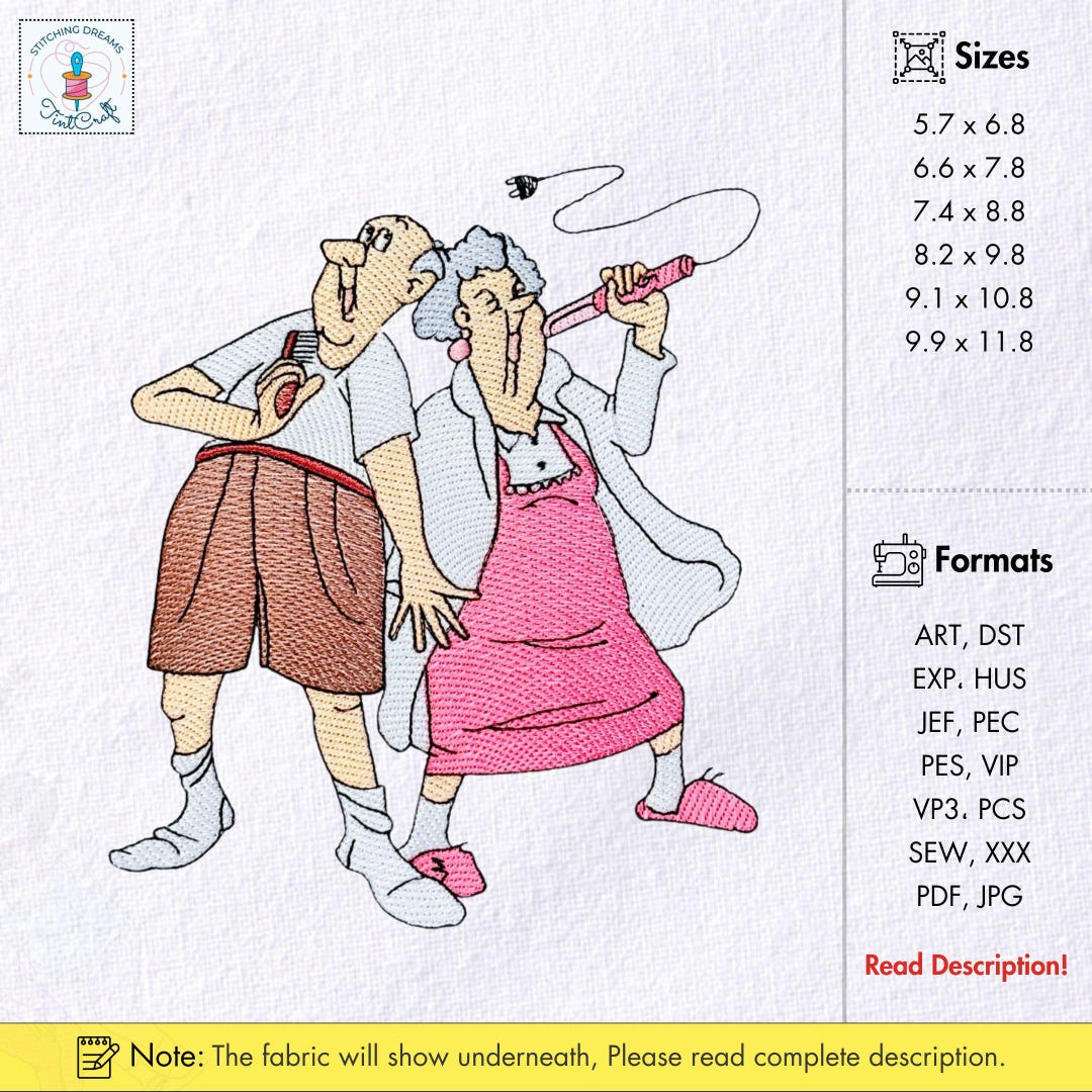 Funny Old Couple Machine Embroidery Design Humorous Elderly Couple ...