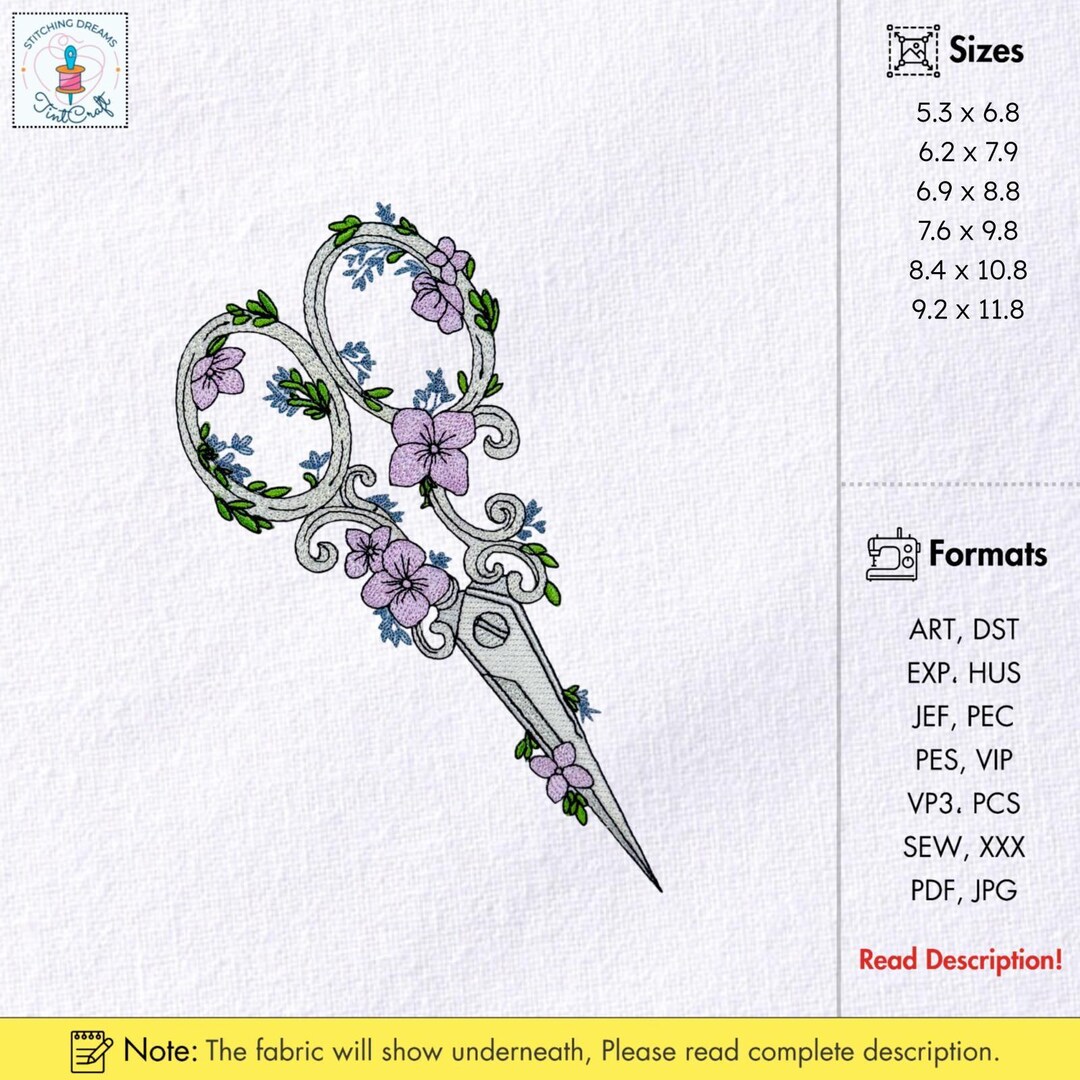 Floral Scissors Machine Embroidery Design Vintage Style Sewing Scissors ...