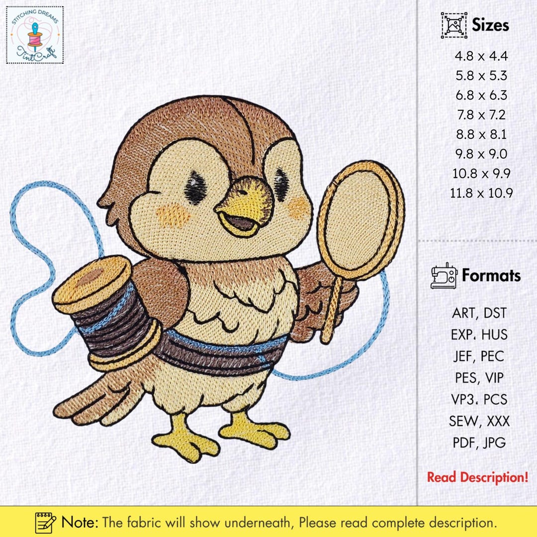 Little Bird Thread Spool Machine Embroidery Design Cute Cartoon Bird ...