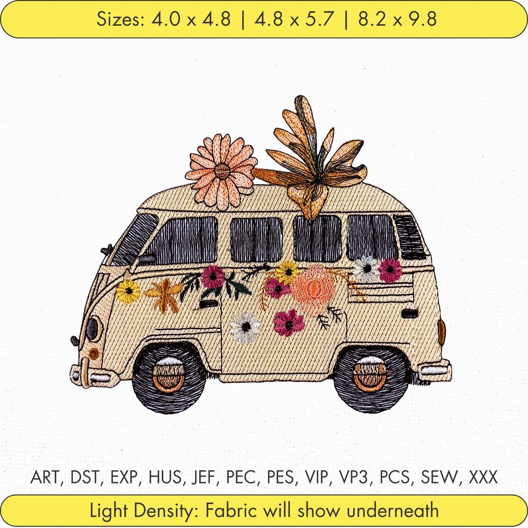Floral Van Embroidery Pattern Hippie Van Machine Embroidery Design Boho ...
