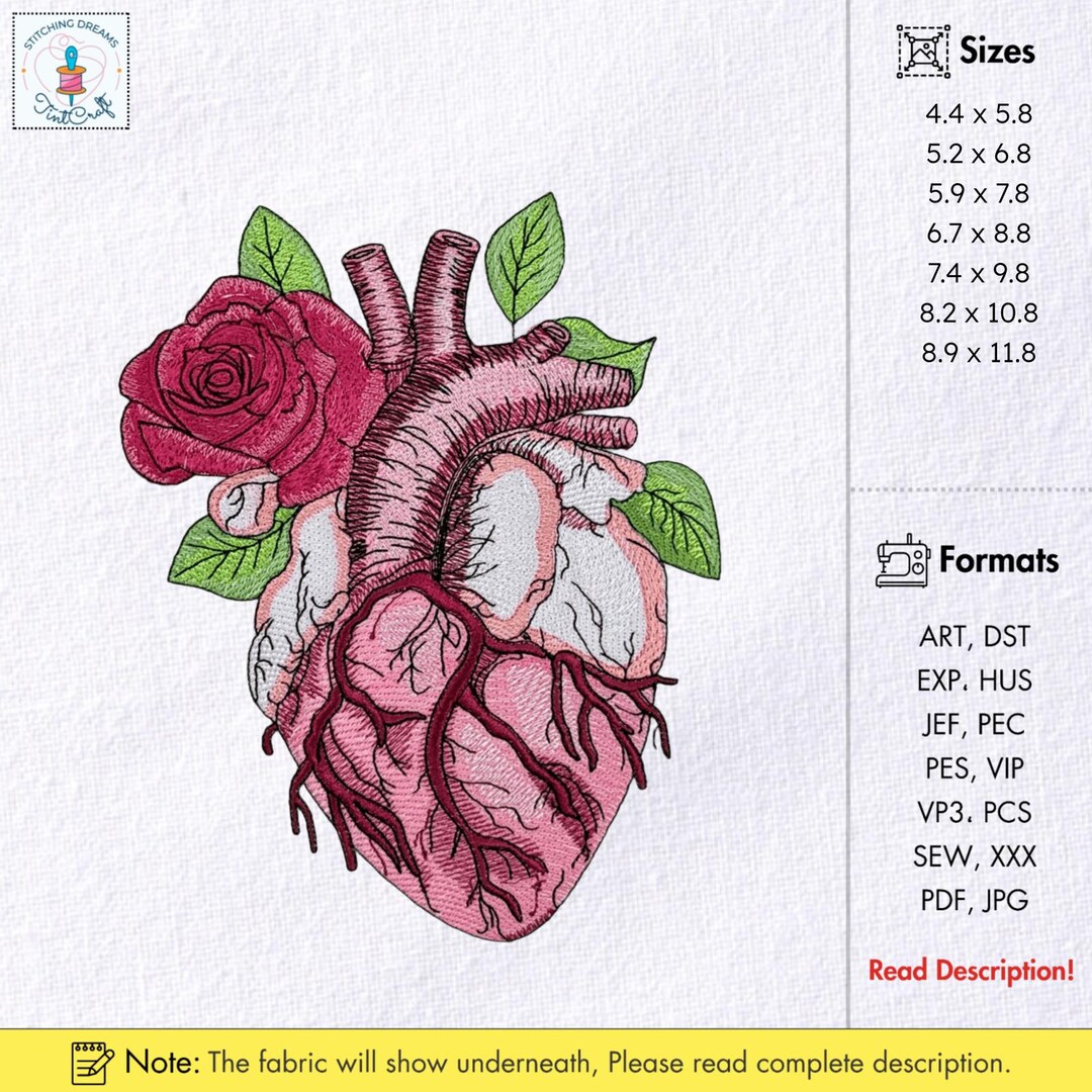 Anatomical Floral Heart Embroidery Design Instant Download PES - Etsy