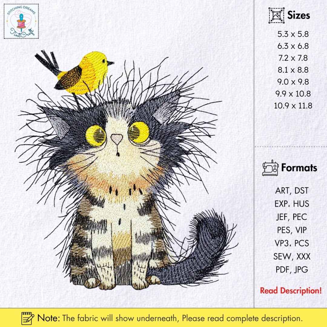 Messy Hair Cat Embroidery Design Funny Scared Kitten Machine Embroidery ...