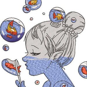 Girl Making Fish Bubbles Embroidery Design Fish Embroidery Girl ...
