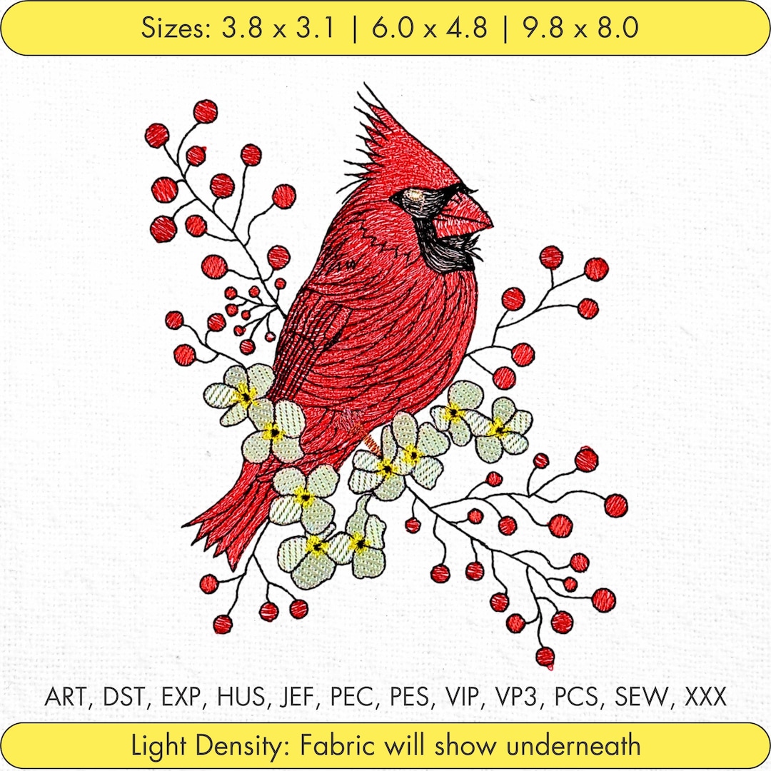 Cardinal Machine Embroidery Design Red Bird Embroidery Pattern Floral ...