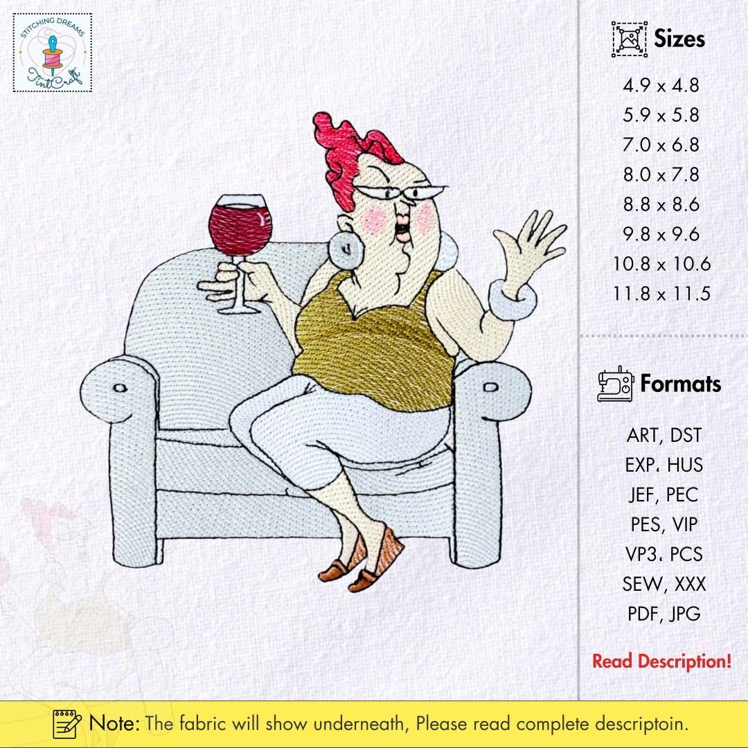 Lady Machine Embroidery Design Old Lady Embroidery Pattern Funny Wine ...