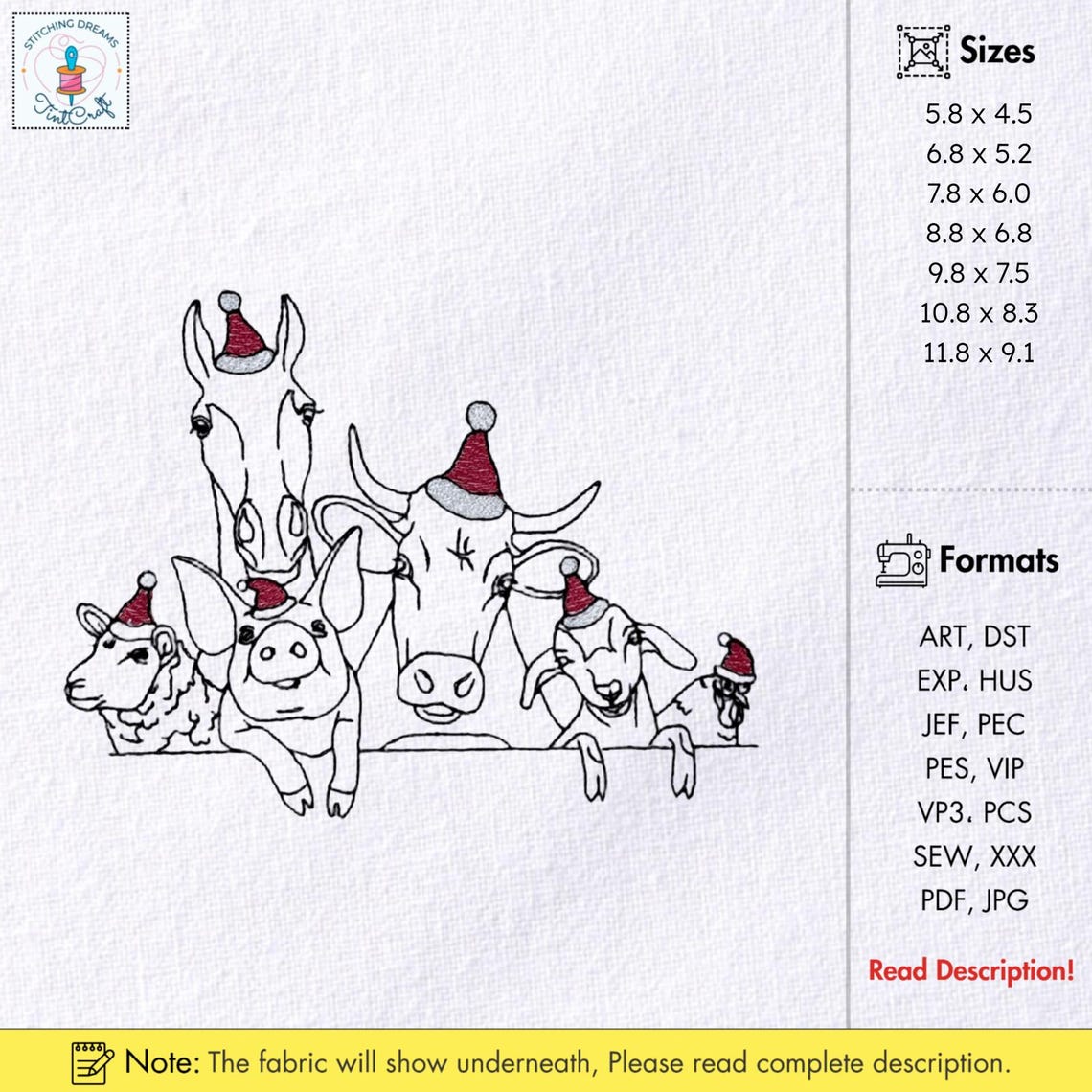 Christmas Farm Animals With Santa Hats Embroidery Design Festive Cow ...