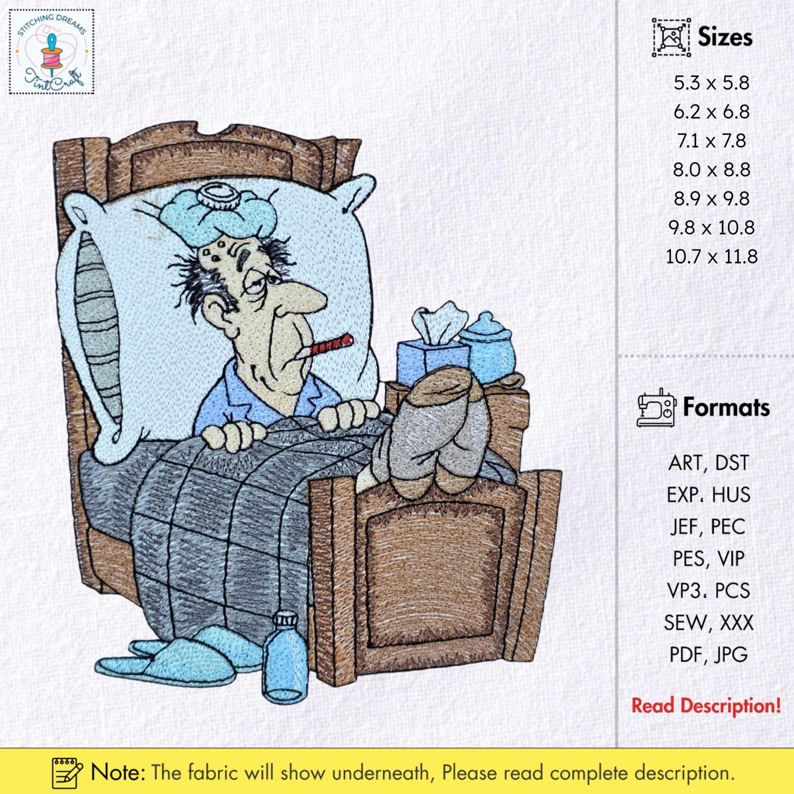 Funny Sick Man Embroidery Design Retro Cartoon Bedtime Pattern - Etsy