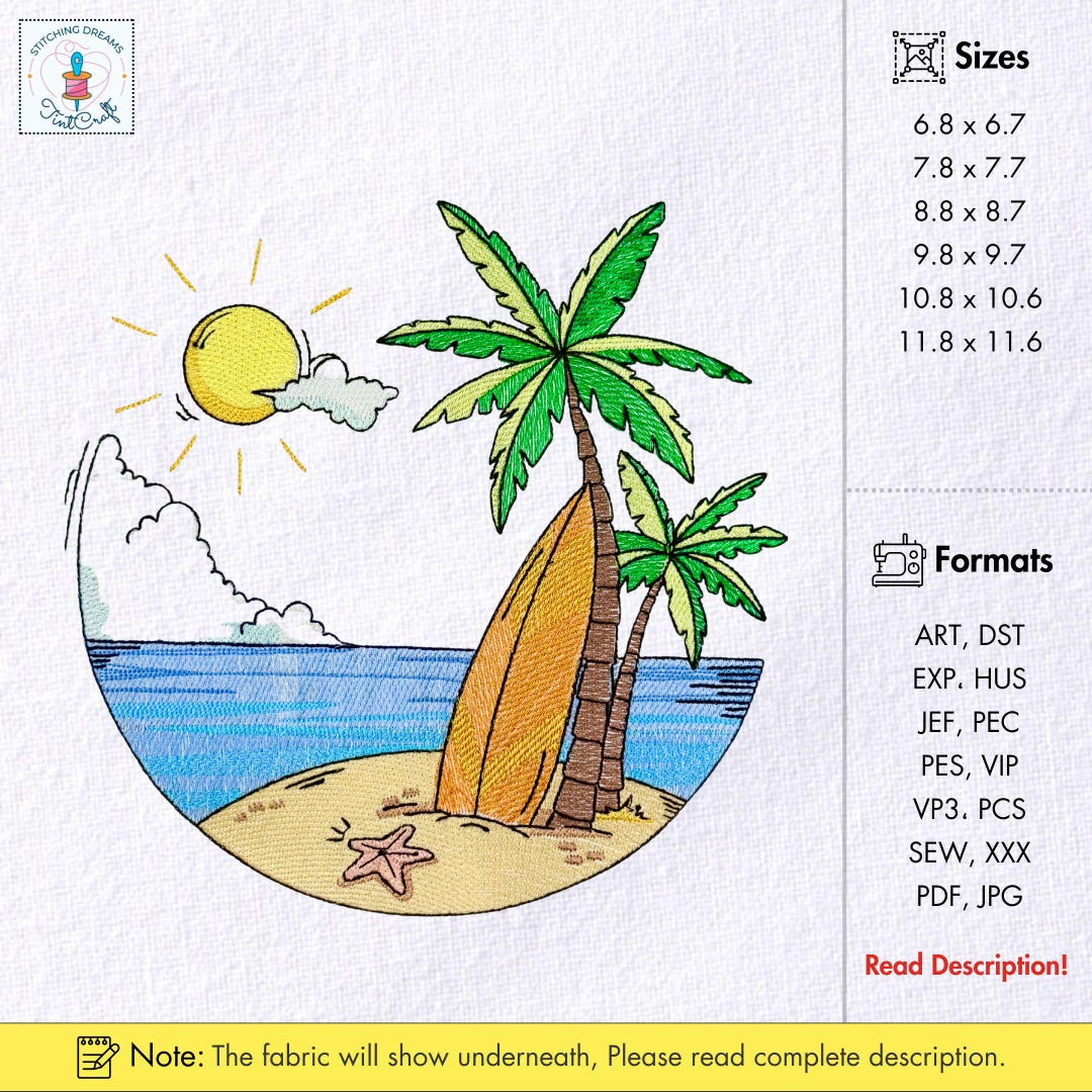 Tropical Beach Island Embroidery Design Summer Beach Scene Machine ...