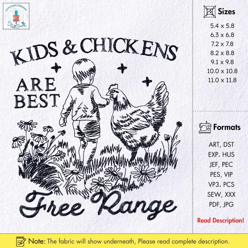 Kids and Chickens Are Best Free Range Embroidery Design Vintage Style ...
