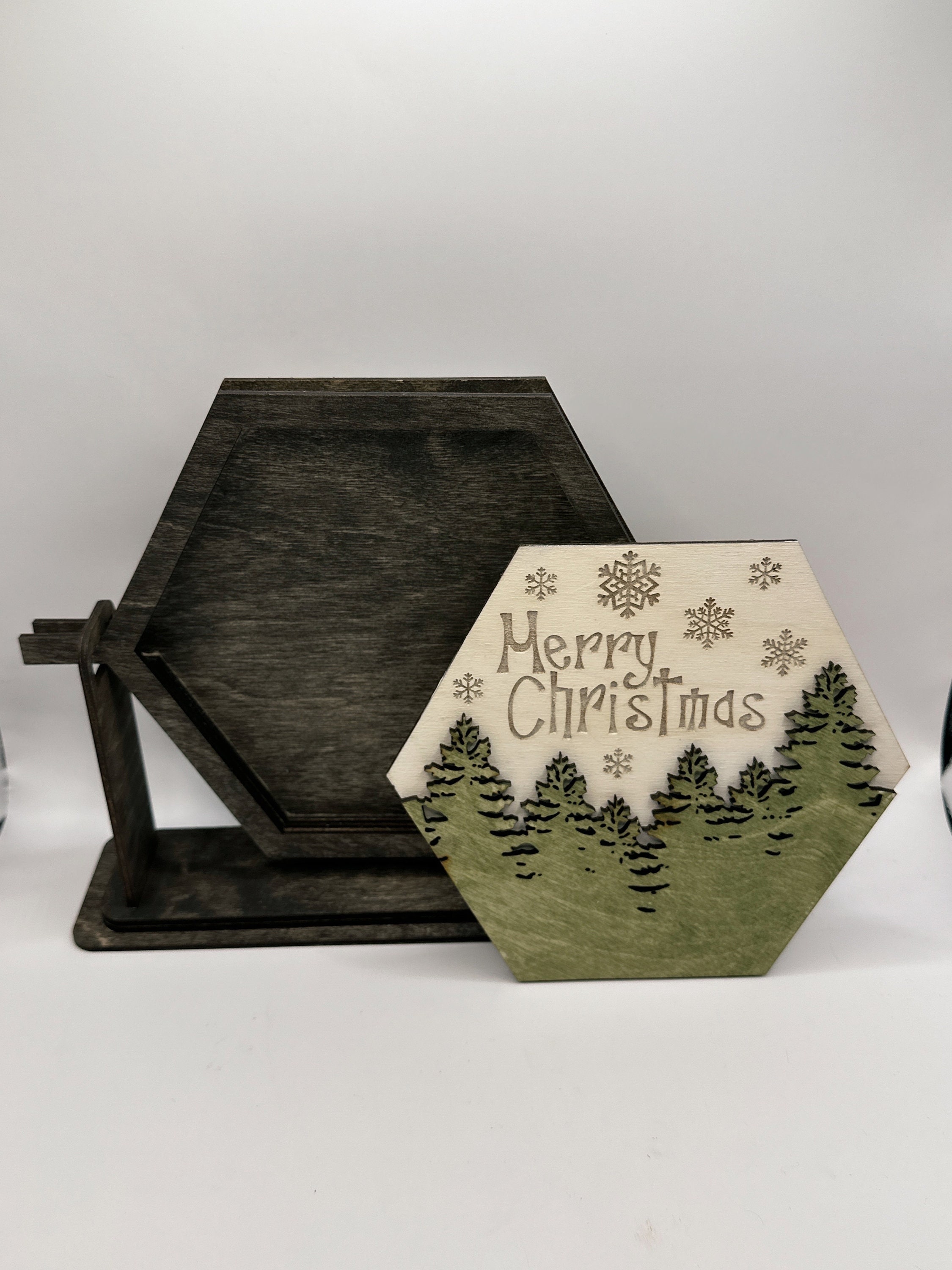 Merry Christmas Decor With Silhouette Trees | Insert for Hexagon Frame ...