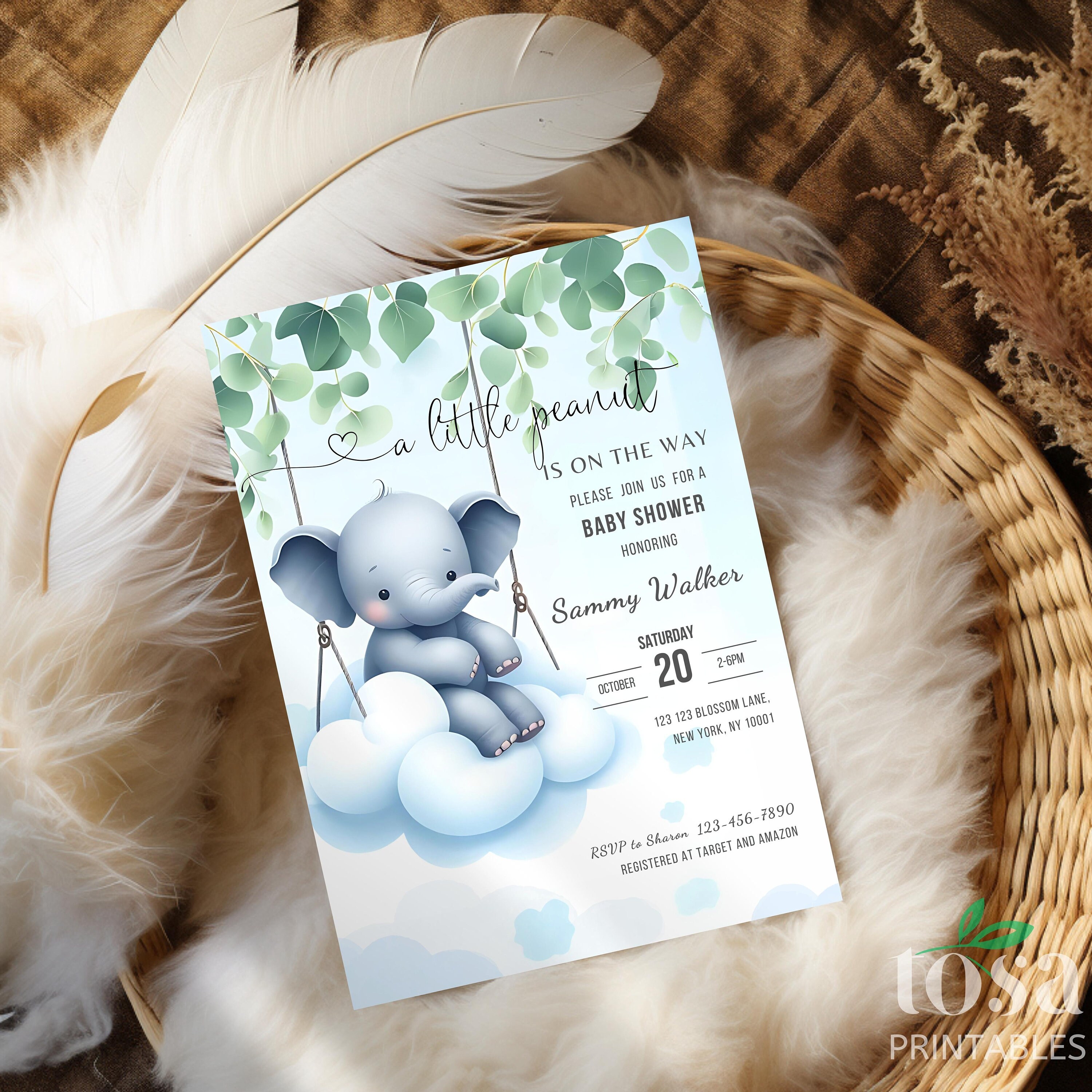 EDITABLE Green Elephant Baby Shower Invitation Template Boy Baby Elephant Invite Bundle INSTANT ...