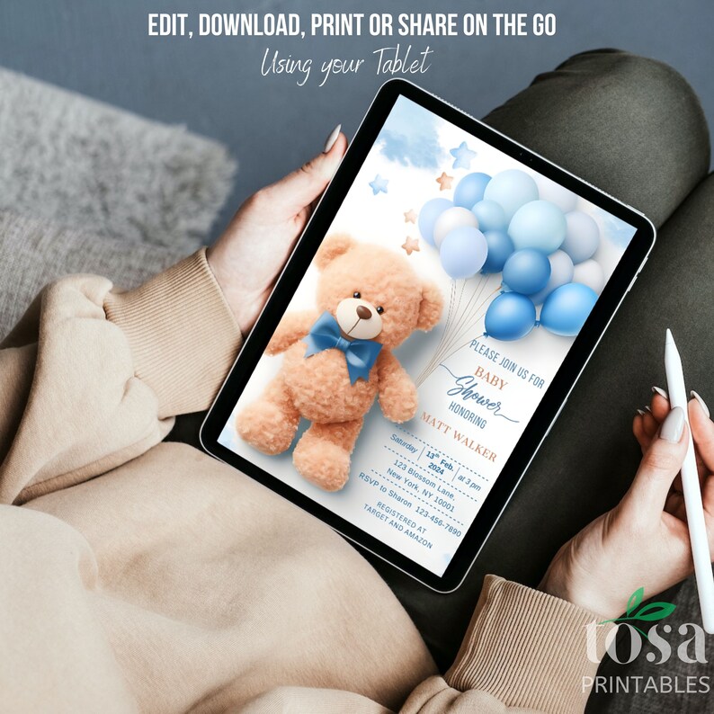 EDITABLE Teddy Bear Baby Shower Invitation Template INSTANT DOWNLOAD ...