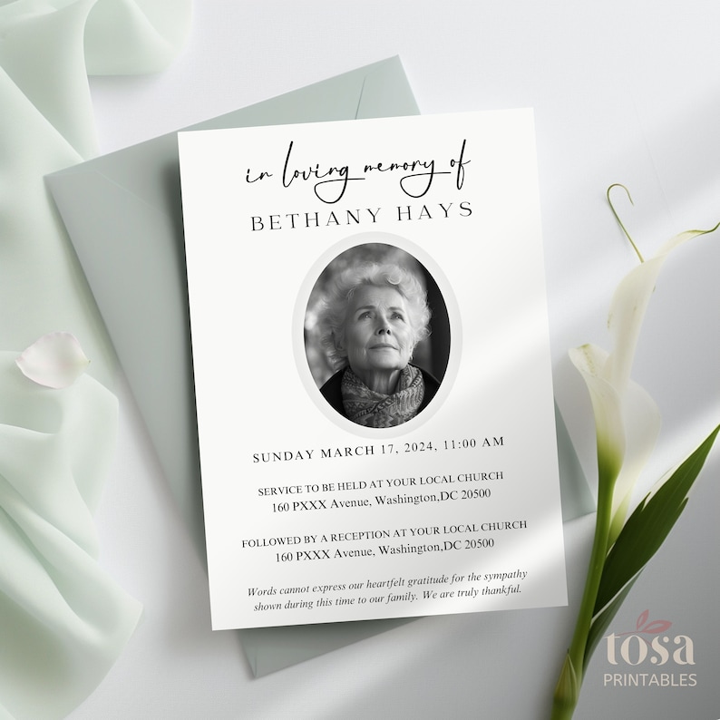 Editable Minimalist Funeral Invitation With Photo, in Loving Memory of ...
