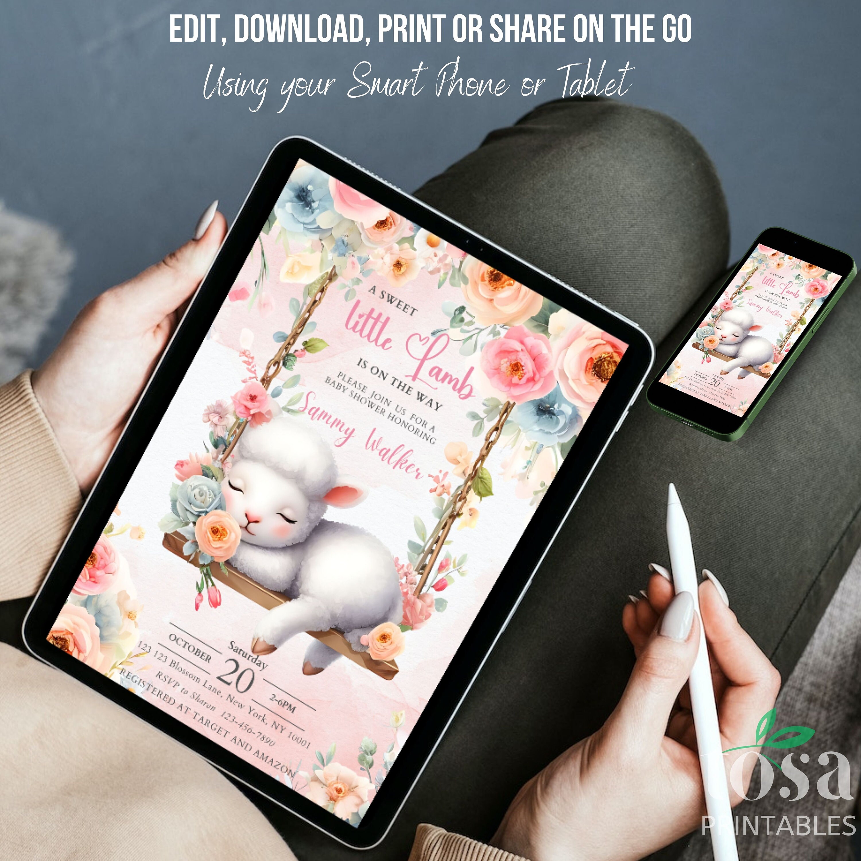 EDITABLE Pink Lamb Baby Shower Invitation Template INSTANT DOWNLOAD ...