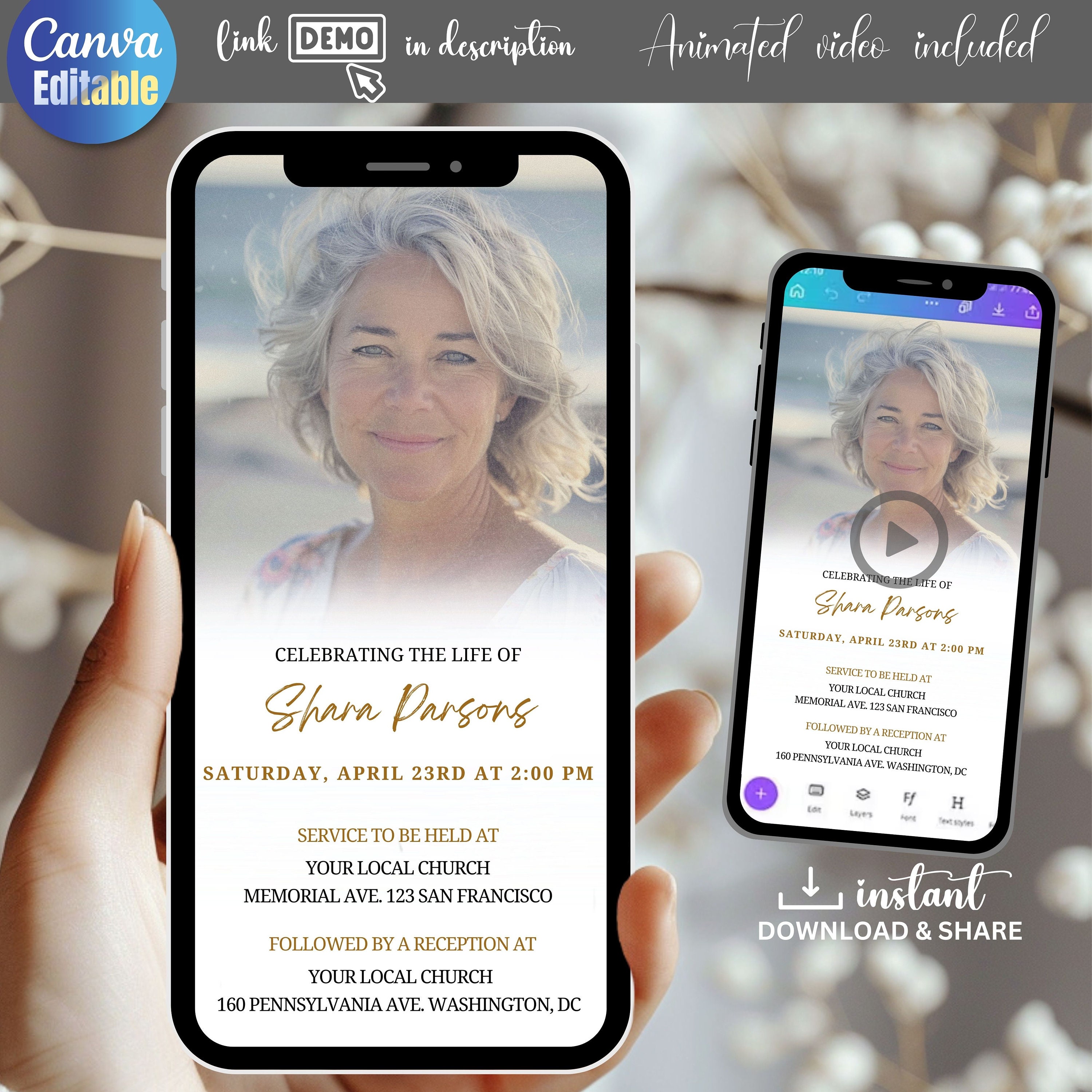 Editable Celebrating the Life of Evite Phone Invitation With Photo ...