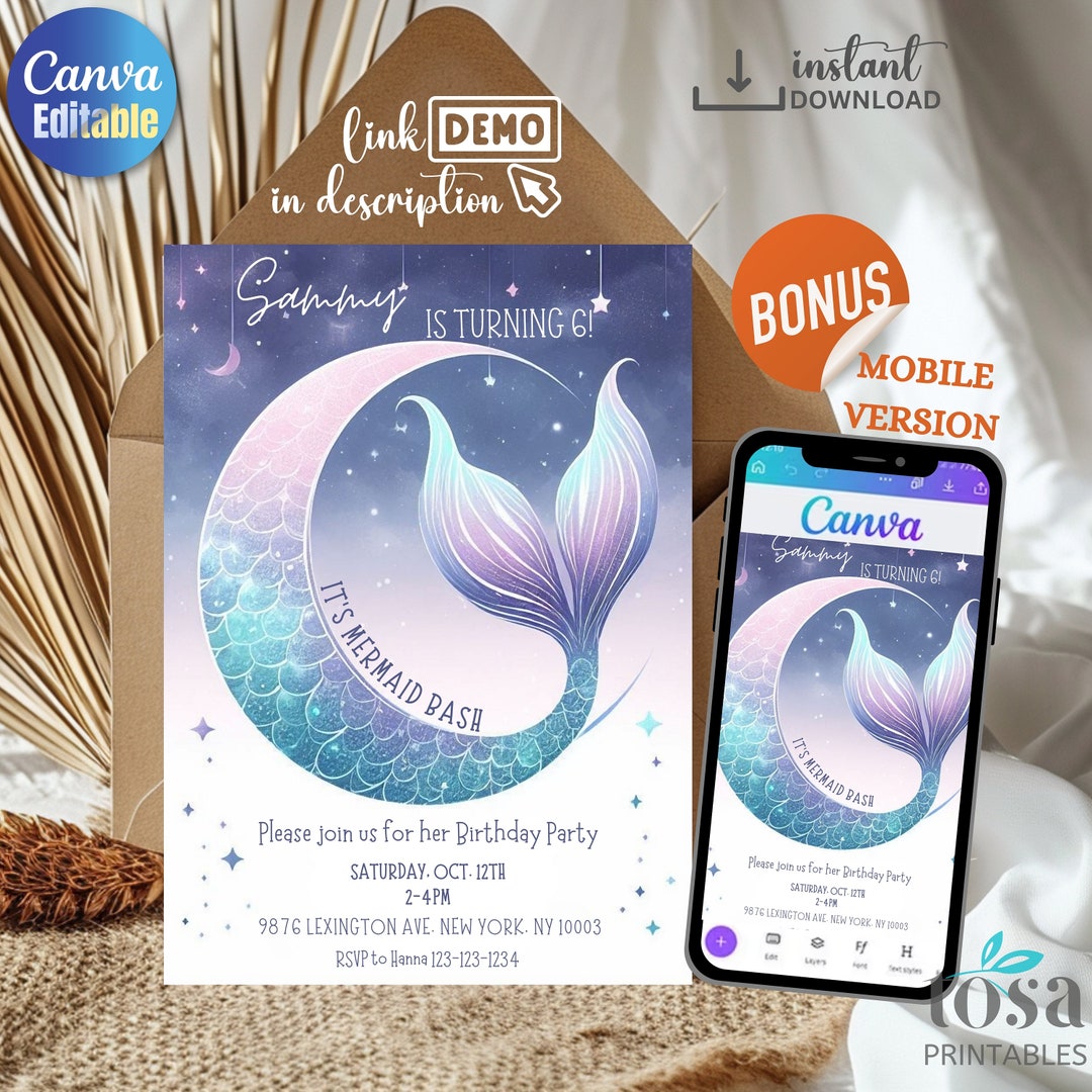 EDITABLE Mermaid Birthday Invitation Template INSTANT DOWNLOAD ...