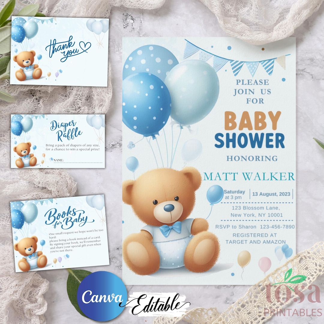 EDITABLE Teddy Bear Baby Shower Invitation Template INSTANT DOWNLOAD ...