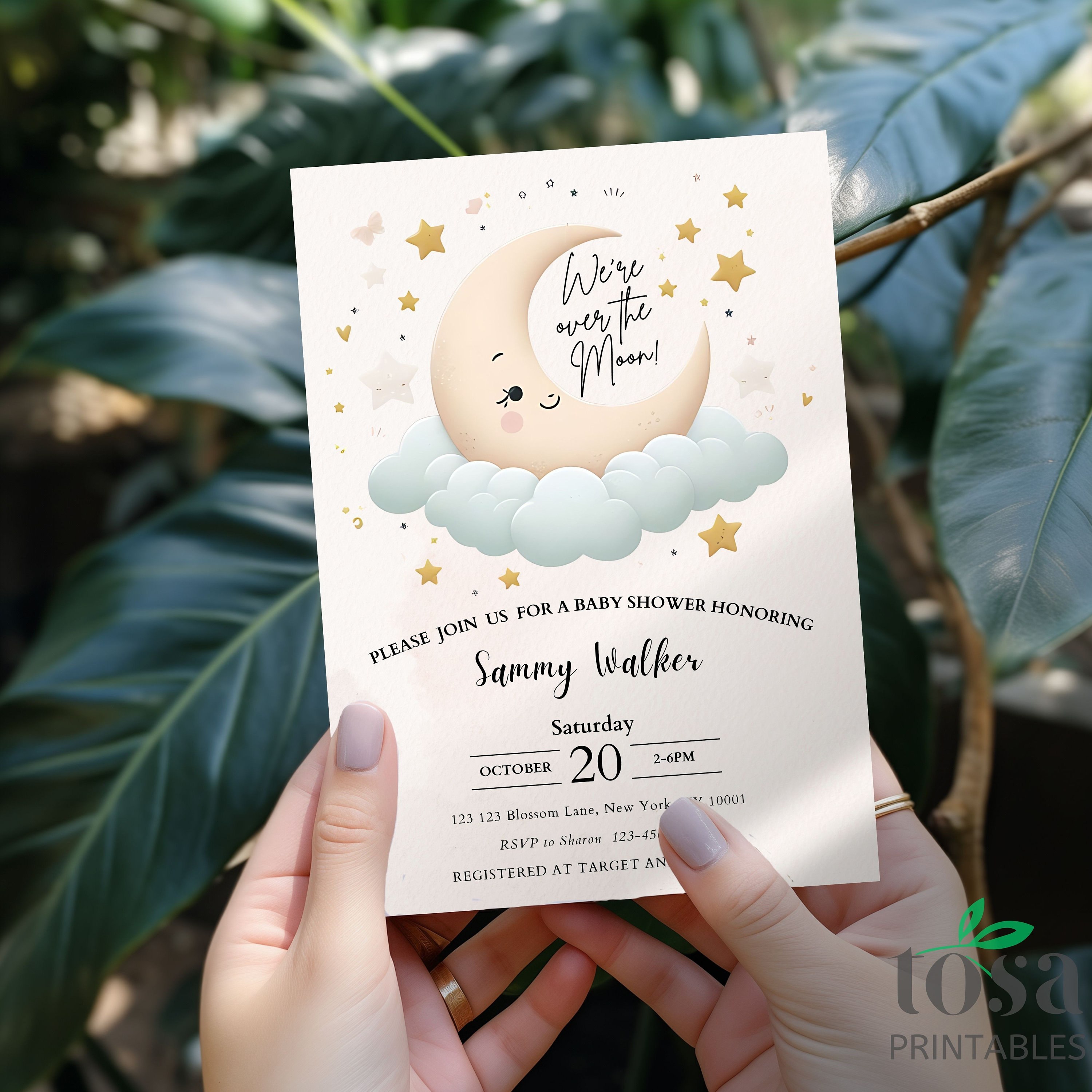 Over the Moon Baby Shower Invitation Template: Editable Canva Bundle ...