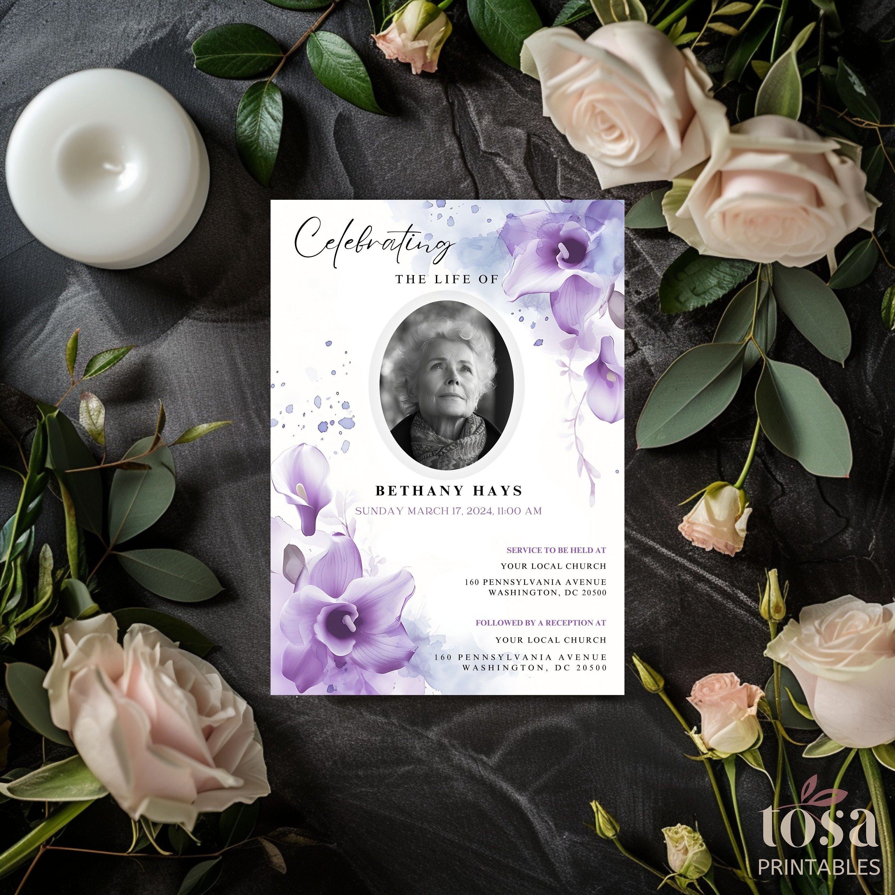 Editable Floral Funeral Invitation With Photo, Celebrating the Life of ...