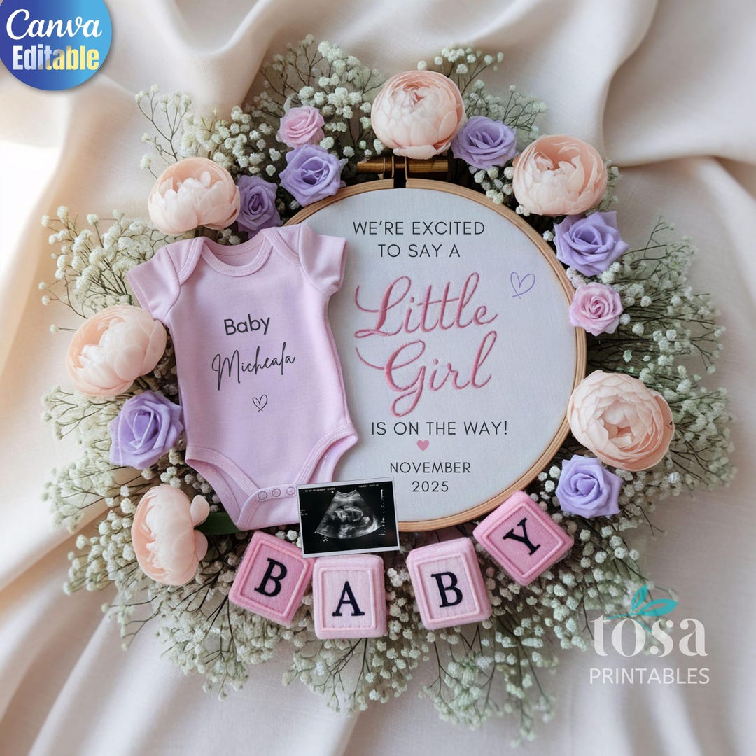 Digital Pink Little Girl Announcement for Social Media Pregnancy ...