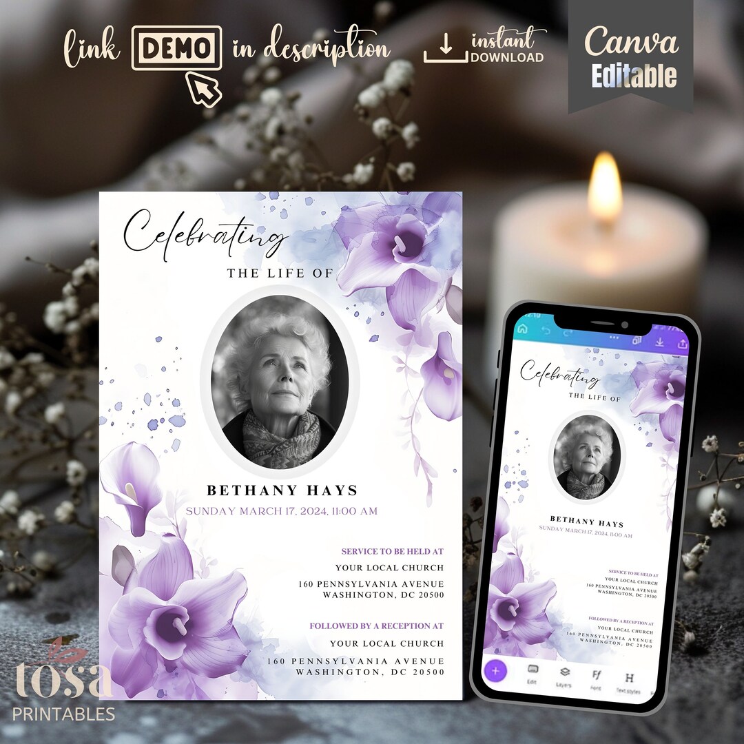Floral Funeral Invitation With Photo: Editable Celebration of Life ...