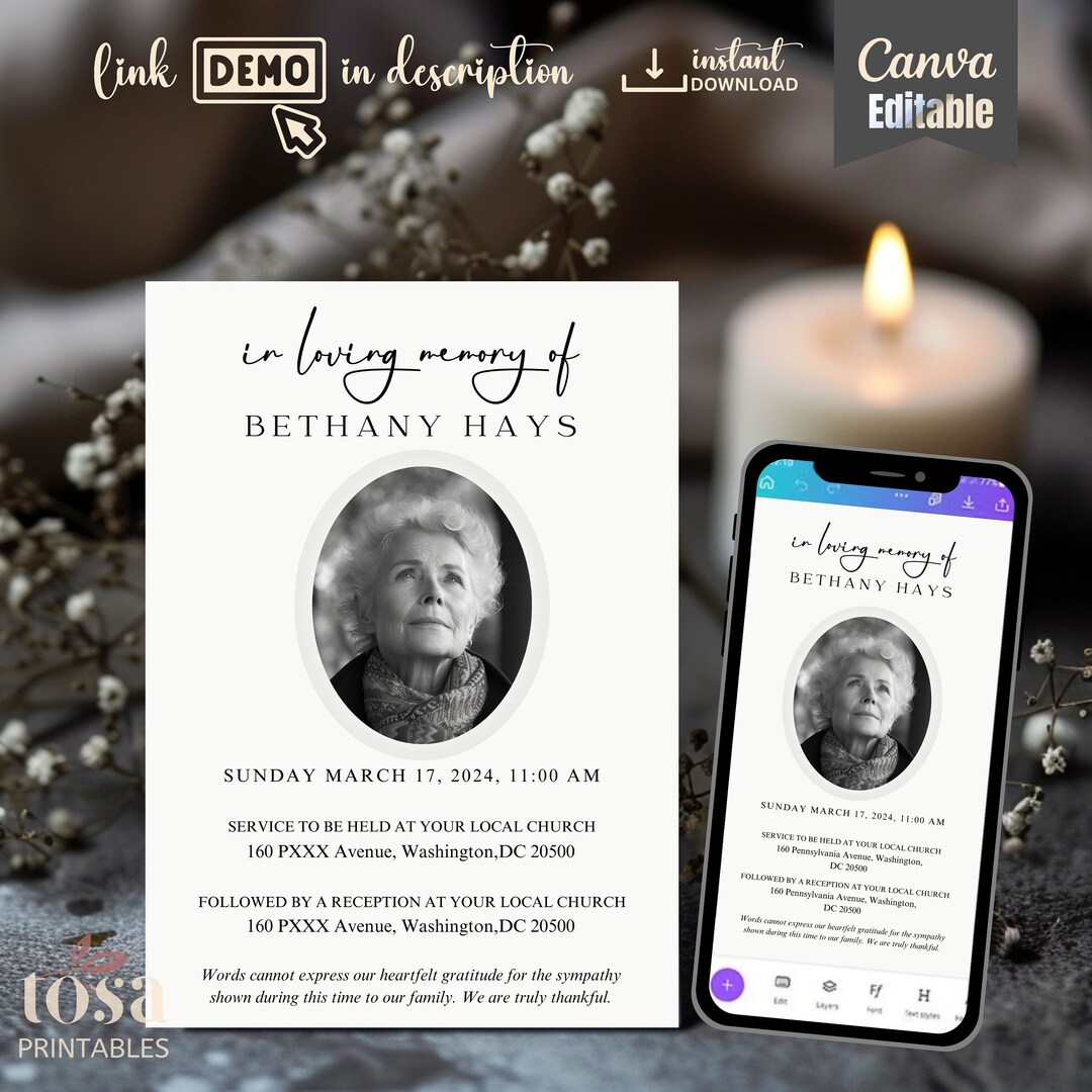 Editable Minimalist Funeral Invitation With Photo, in Loving Memory of ...