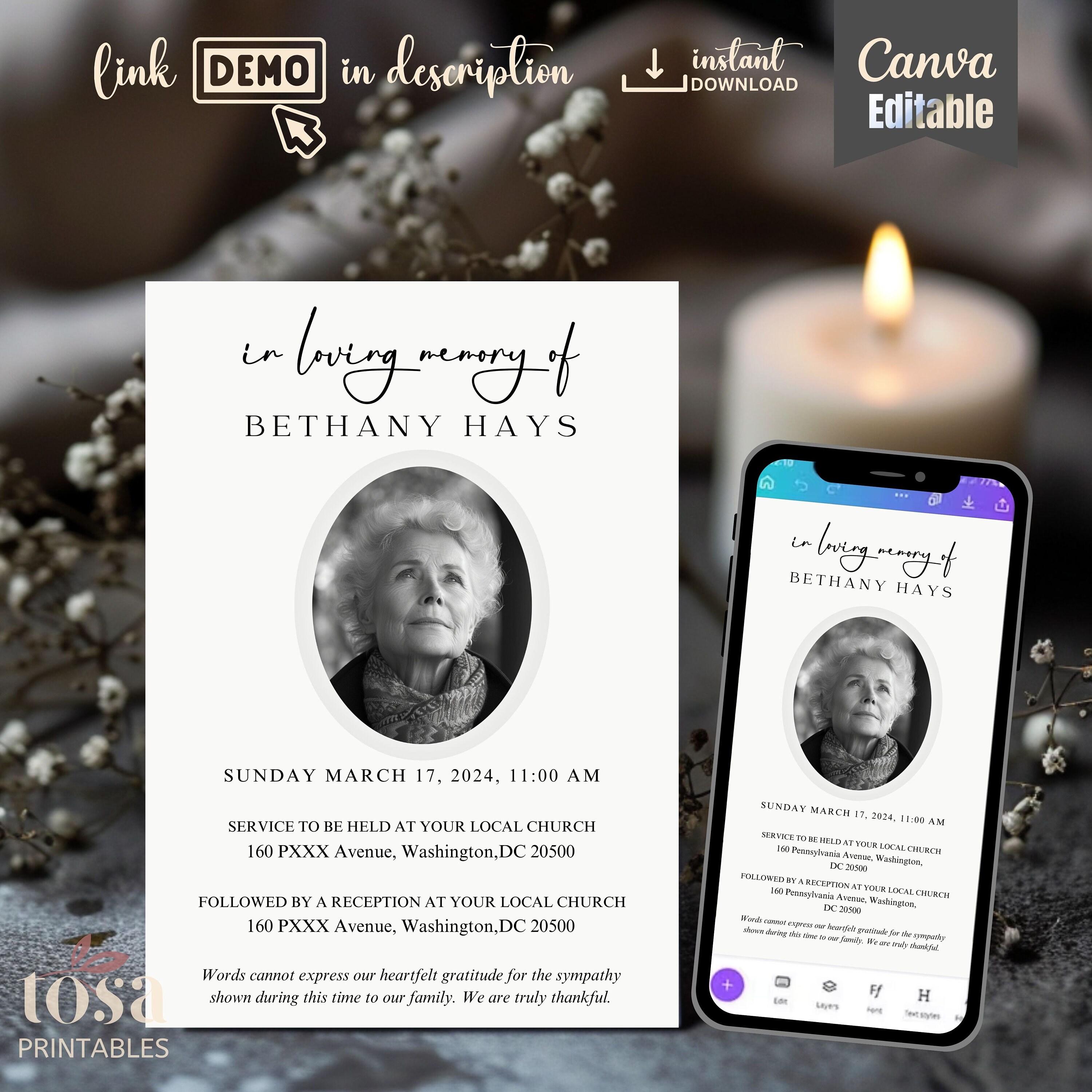 Editable Minimalist Funeral Invitation With Photo, in Loving Memory of ...