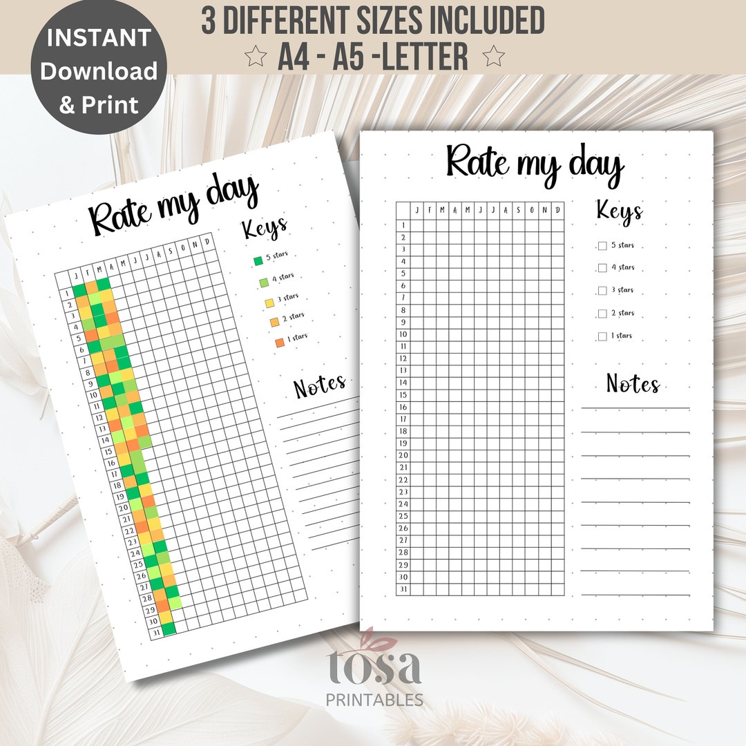 Rate My Day Printable Journal Pages: A4, A5, US Letter Sizes Daily Mood ...