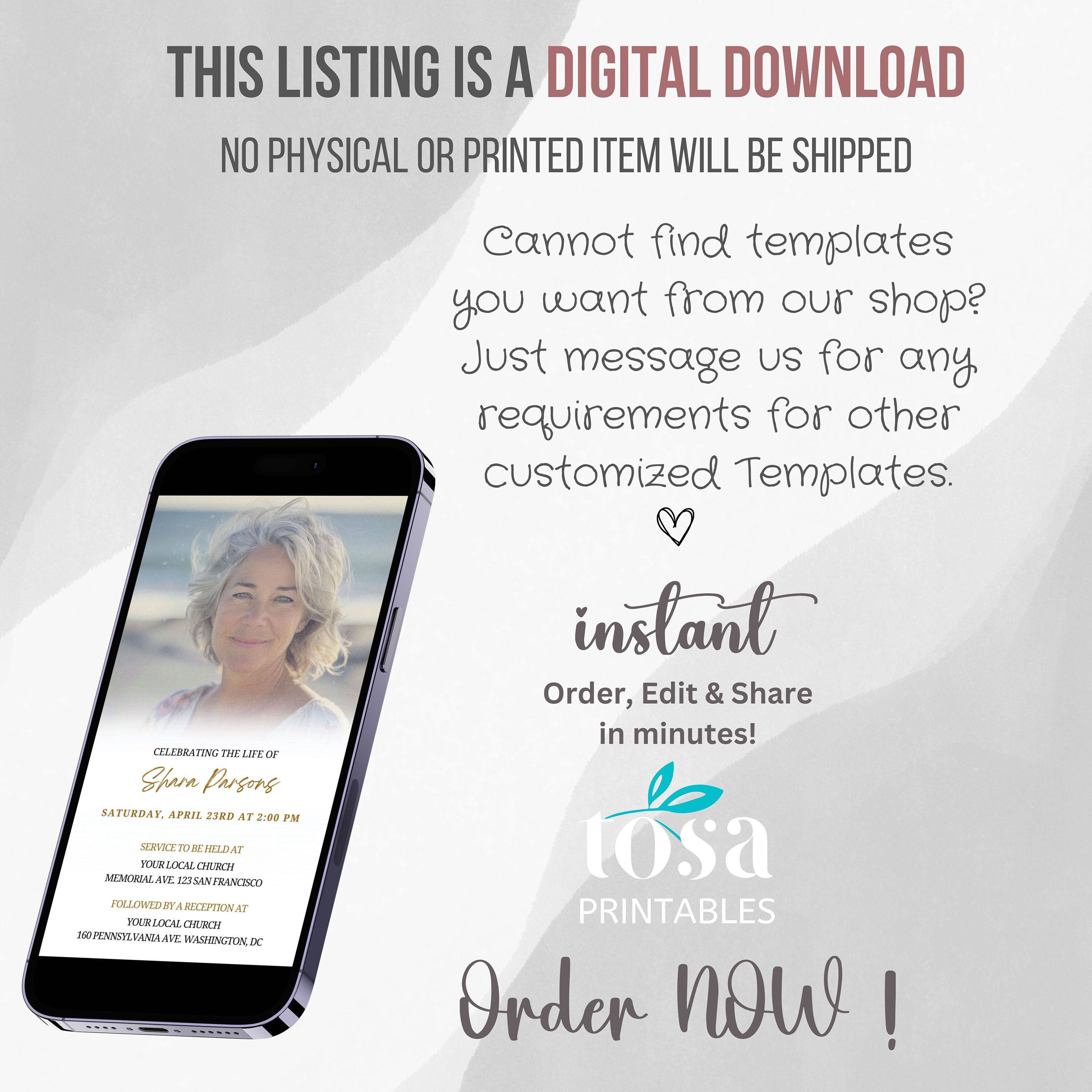 Editable Celebrating the Life of Evite Phone Invitation With Photo ...