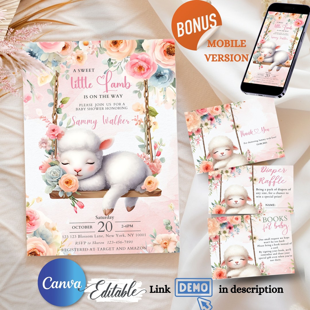 EDITABLE Pink Lamb Baby Shower Invitation Template INSTANT DOWNLOAD ...
