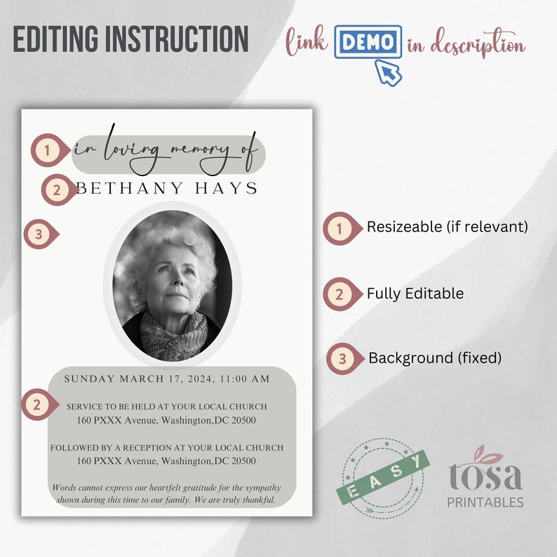 Editable Minimalist Funeral Invitation With Photo, in Loving Memory of ...