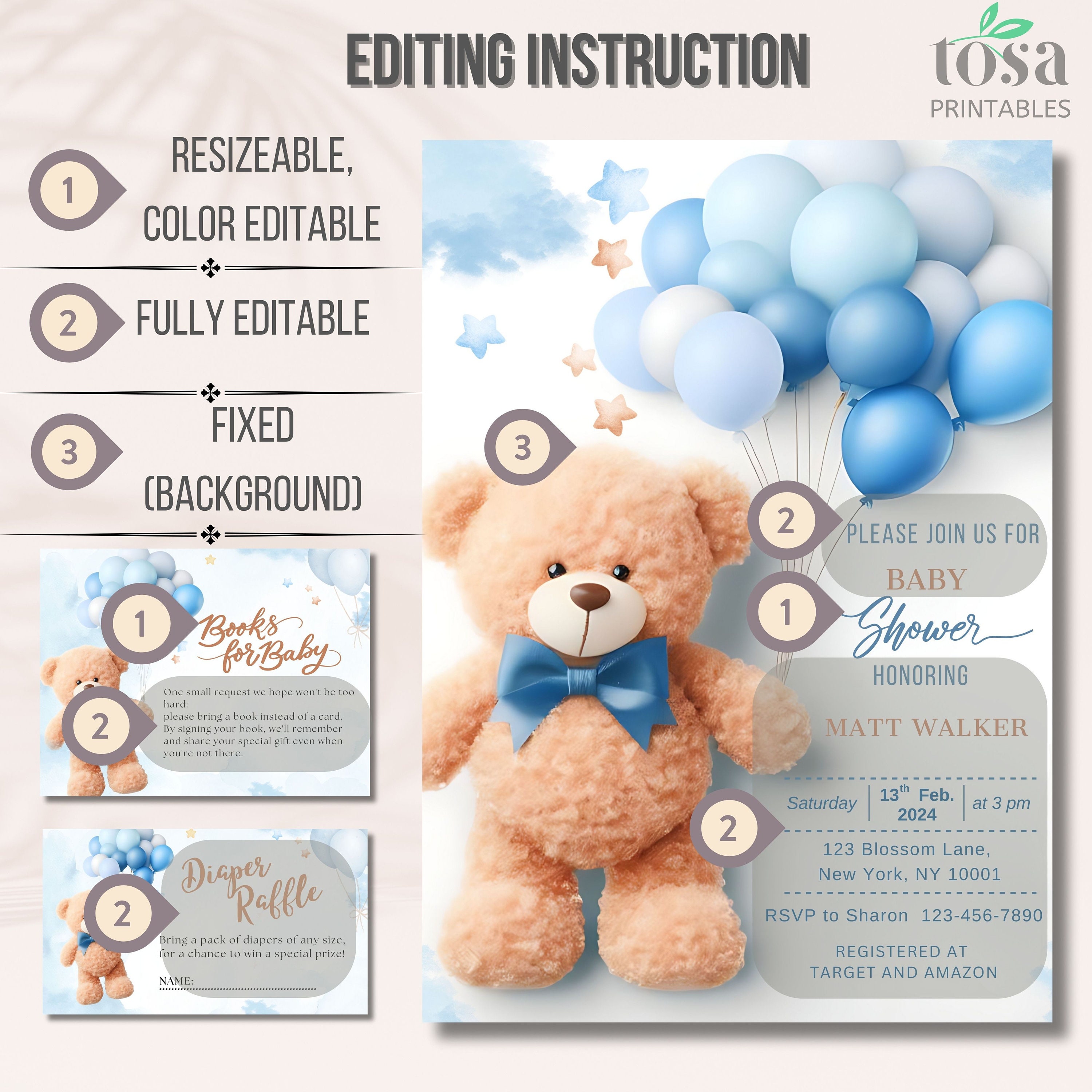EDITABLE Teddy Bear Baby Shower Invitation Template INSTANT DOWNLOAD ...