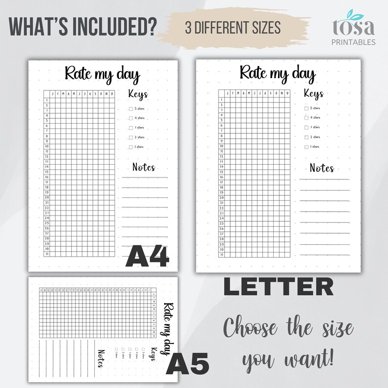 Rate My Day Printable Journal Pages: A4, A5, US Letter Sizes Daily Mood ...