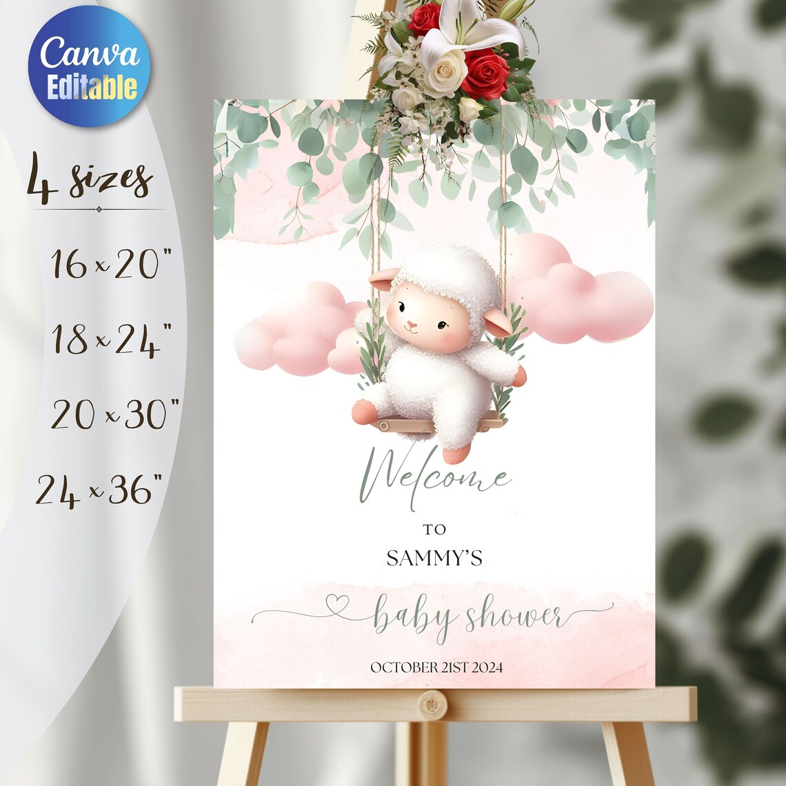 Pink Lamb Baby Shower Welcome Sign, Lamb Baby Shower Sign Template ...