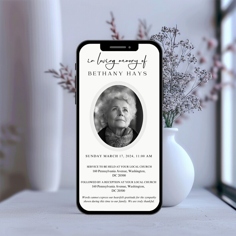 Editable Minimalist Funeral Invitation With Photo, in Loving Memory of ...