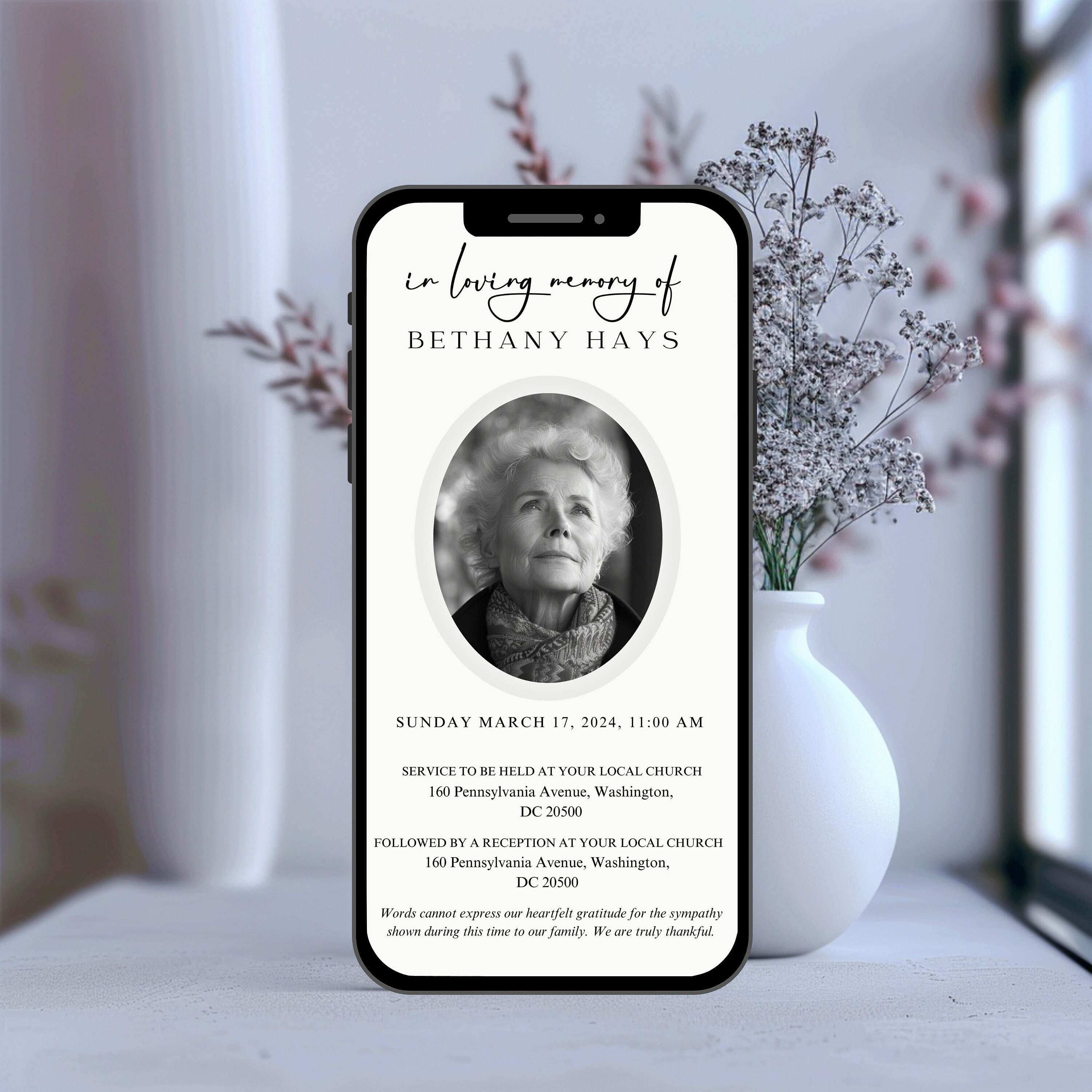 Editable Minimalist Funeral Invitation With Photo, in Loving Memory of ...