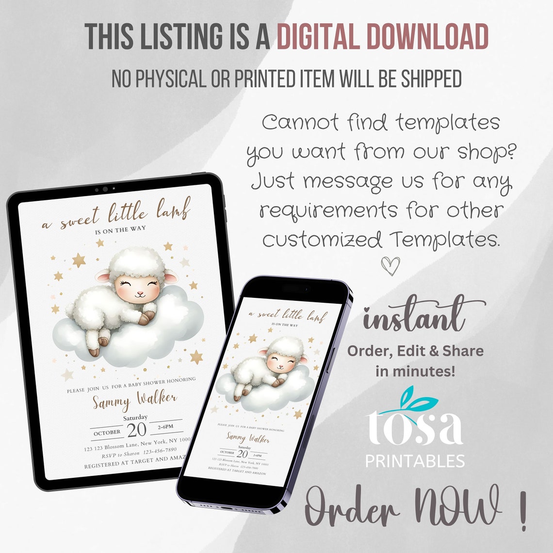 EDITABLE Neutral Lamb Baby Shower Invitation Template INSTANT DOWNLOAD ...